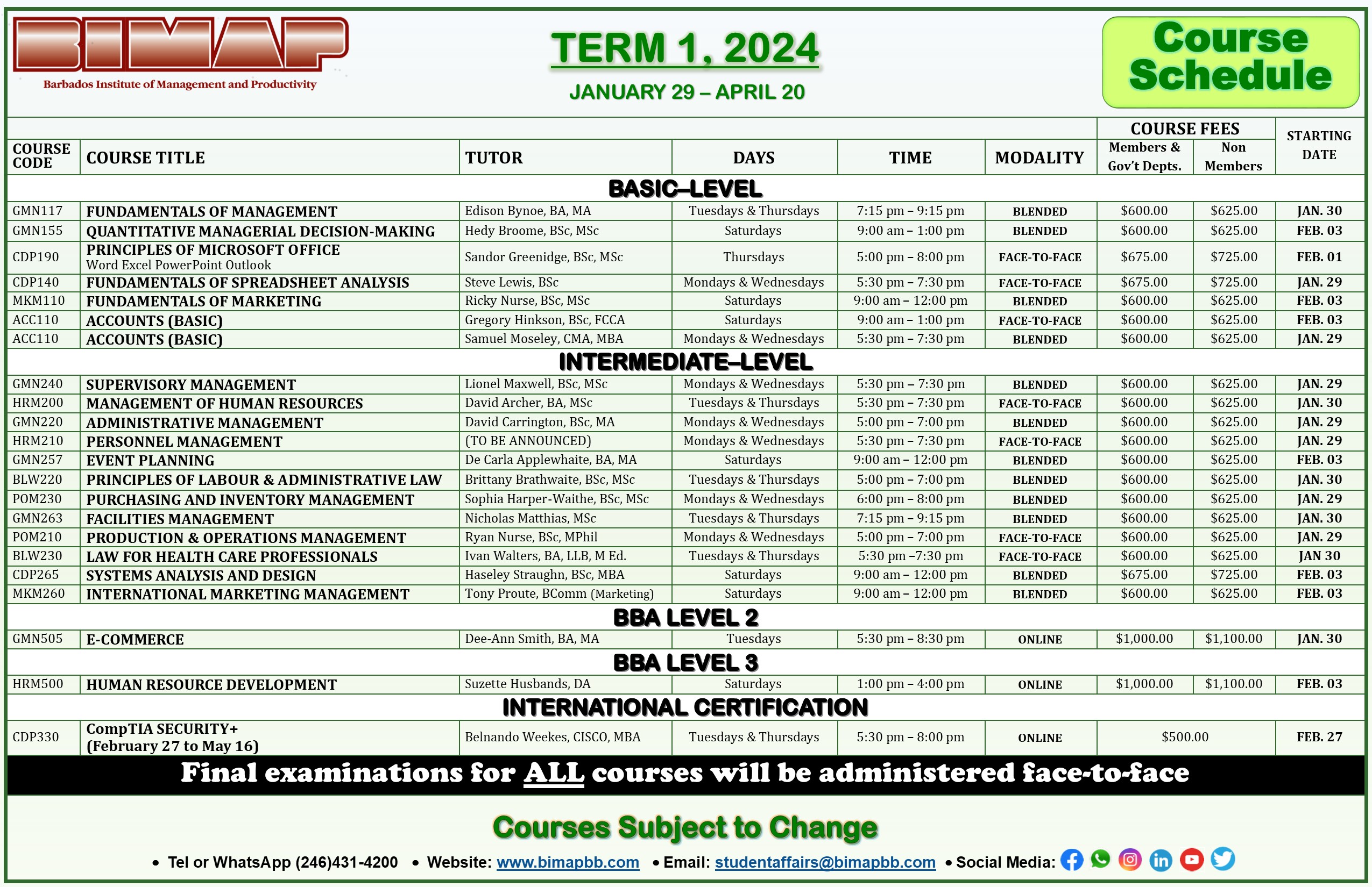 BIMAP: Schedule of Courses - Term 1, 2024 (January 29 - April 20) | BIMAP